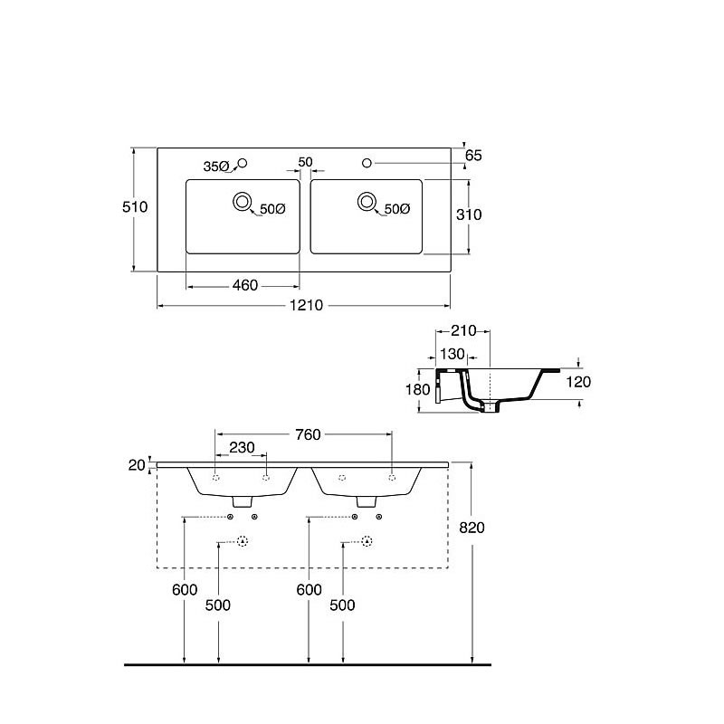 Doppelwaschtisch Elikia 1210 x 180 x 510 mm, 2 Hahnlöcher, Keramik ...