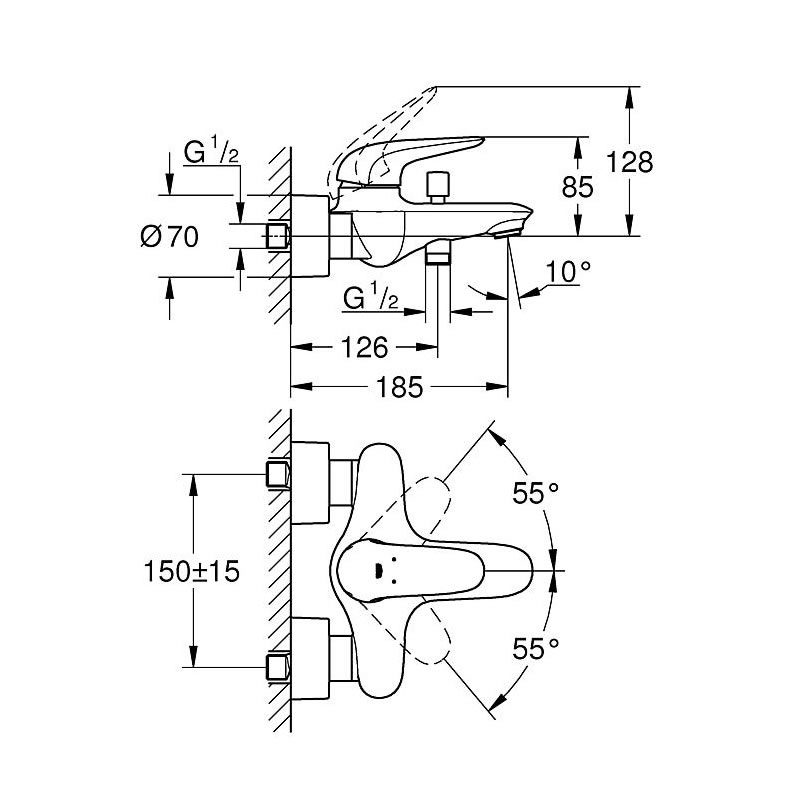 Aufputz-Wannenmischer Grohe Eurostyle, Ausladung 185 mm, geschlossener ...