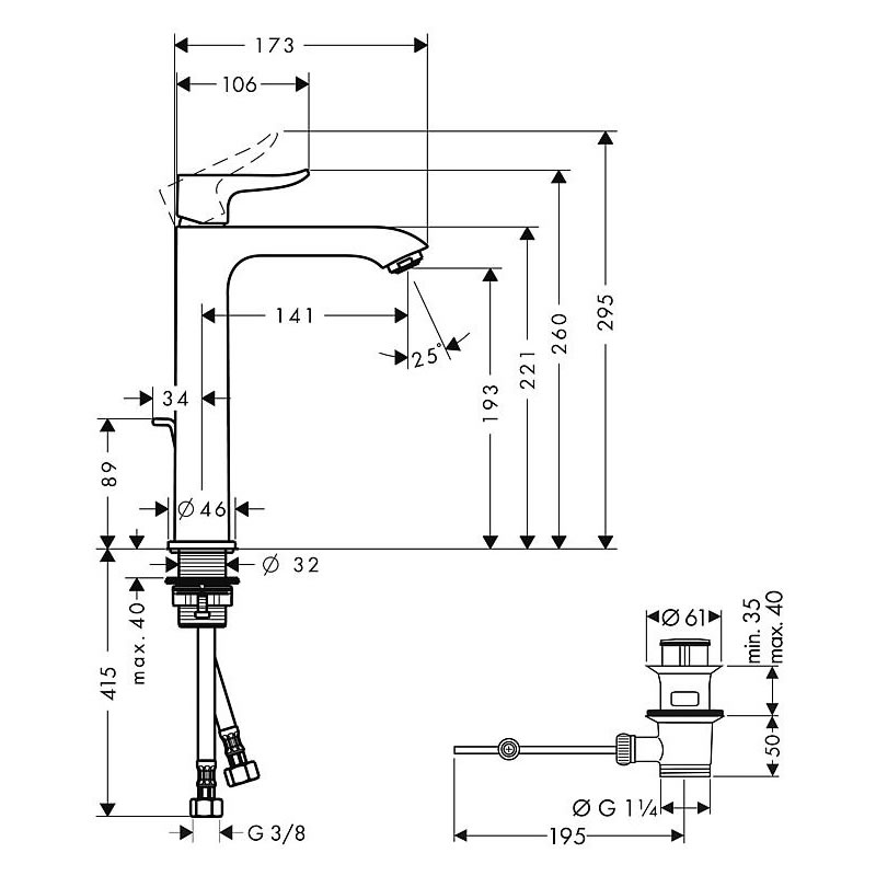 Waschtischmischer Hansgrohe Metris 200, Ausladung 141 mm, mit Zugstange ...