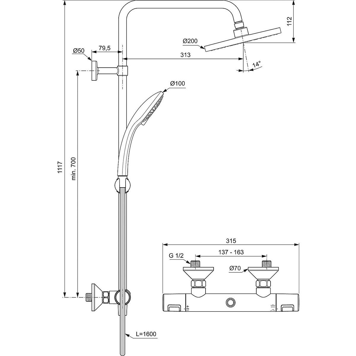 Brause-System Ideal Standard Ceratherm 25 Handbrause, Kopfbrause Ø 200 mm und Thermostat, chrom ...