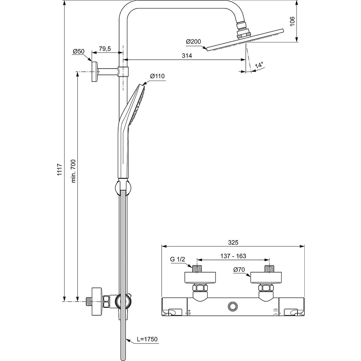 Brause-System Ideal Standard Ceratherm 50 Handbrause, Kopfbrause Ø 200 mm und Thermostat, chrom ...