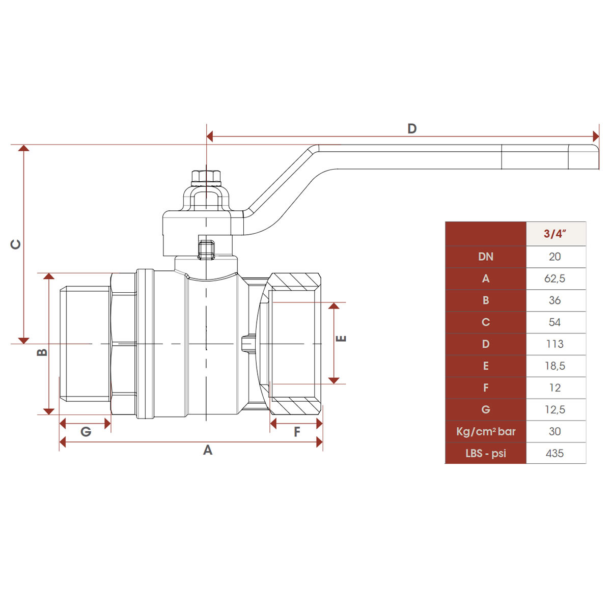 Kugelhahn 3/4'' IG x 3/4'' AG - DN 20- mit Hebelgriff rot