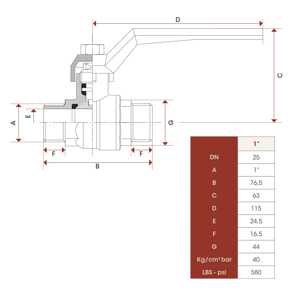 Kugelhahn 1'' AG x 1'' AG - DN 25 - mit Hebelgriff rot