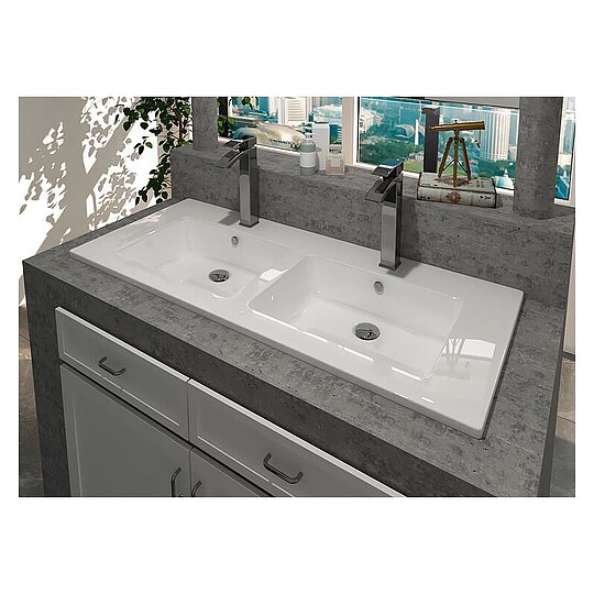 Doppelwaschtisch Elikia 1210 x 180 x 510 mm, 2 Hahnlöcher, Keramik ...