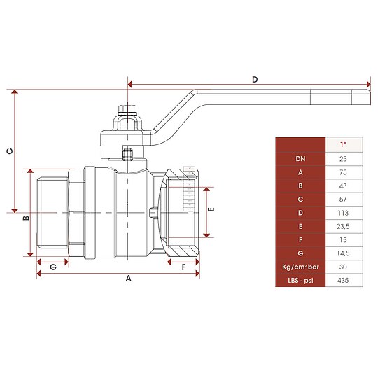 Kugelhahn 1'' IG x 1'' AG - DN 25 - mit Hebelgriff rot
