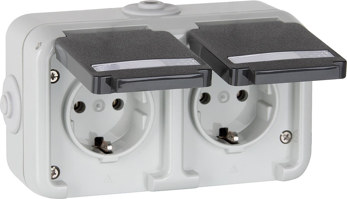 Aufputz-Steckdose PEHA IP44, Schuko, Beschriftung, D 6632 WAB NA - 2-fach