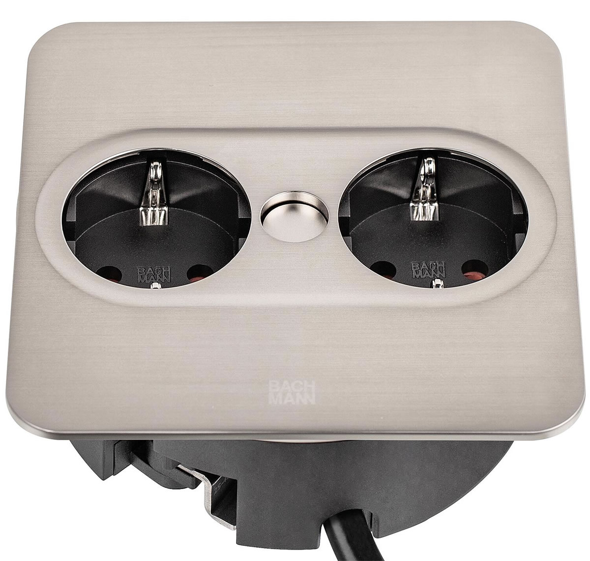 Bachmann TWIST 2 Tischsteckdose 2x Schuko, Edelstahl, eckig - 2 m