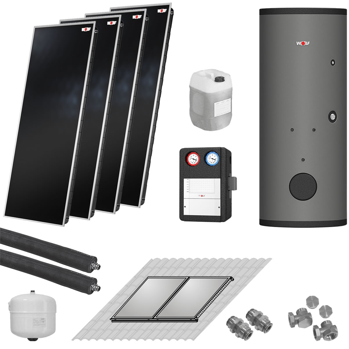 WOLF Solaranlage mit 4 Stk. TopSon F3-1 Kollektoren, SM1-2 Regelung und ...