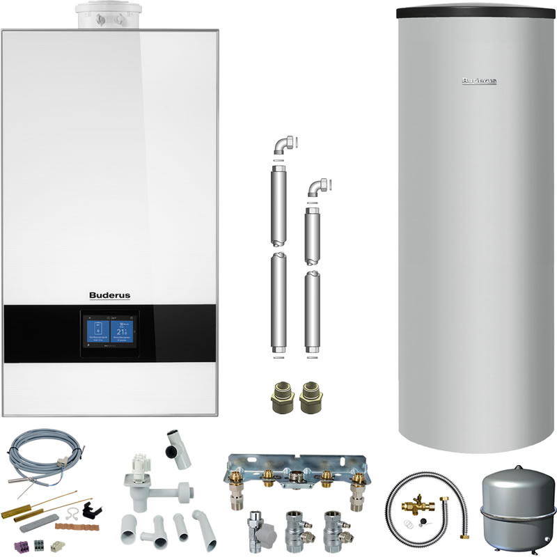 Buderus GB182i.2 Logaplus Gas-Brennwert Paket W42 weiß mit Regelung BC400 und Warmwasserspeicher ...