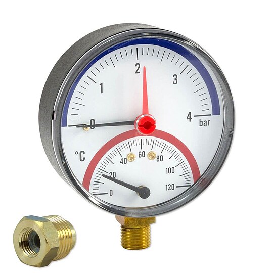 Thermo-Manometer Ø 80 mm - Anschluss radial - Anzeige 0 - 4 bar / 20 bis 120 °C